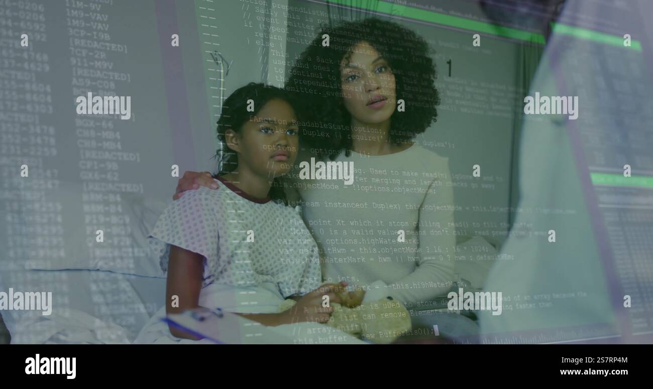 Image of data processing over biracial doctor talking with mother and ...