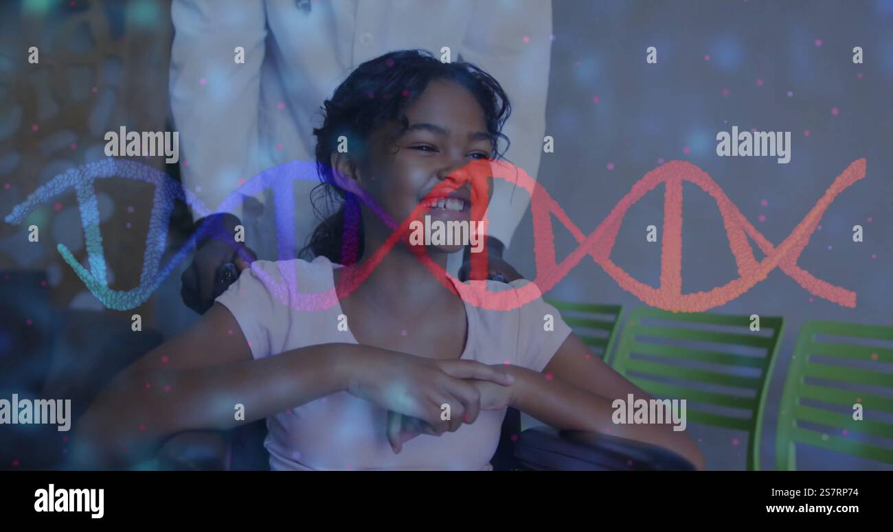 Image of dna strand over happy biracial girl in wheelchair in hospital Stock Photo - Alamy