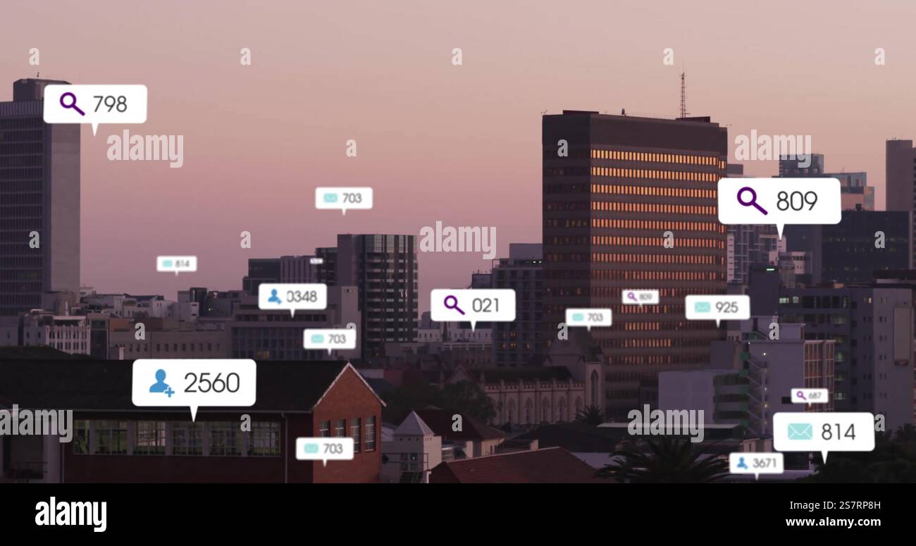 Image of social media icons with growing numbers over cityscape Stock ...