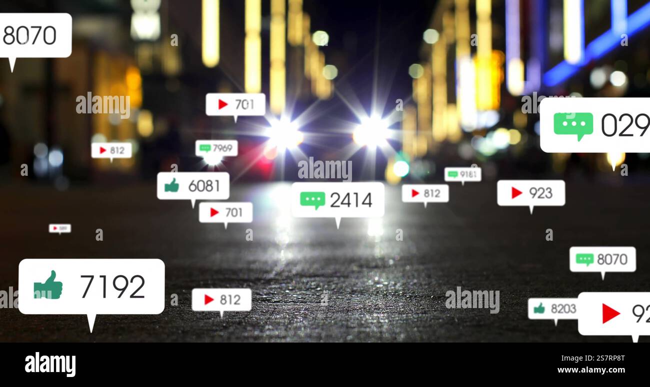 Image of social media icons with growing numbers over cityscape Stock ...