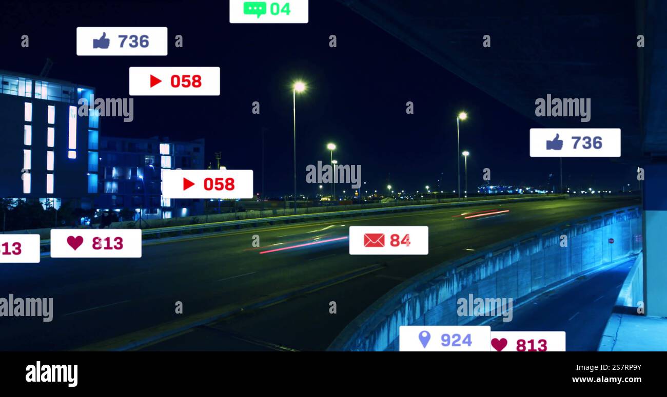 Image of social media icons with growing numbers over cityscape Stock ...