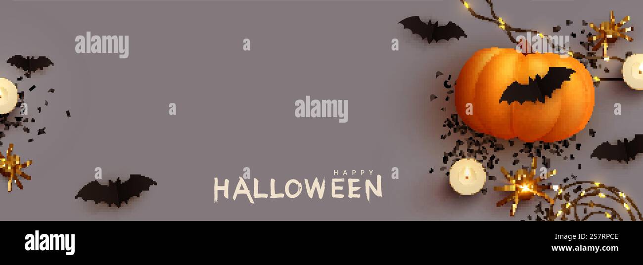 Happy Halloween banner. Festive background with realistic 3d orange ...