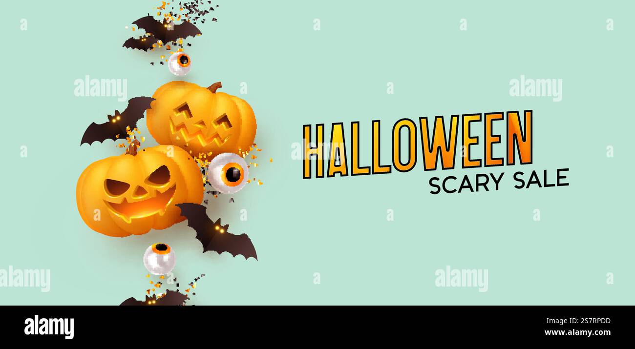 Happy Halloween Background realistic pumpkins and bats. Halloween scary ...