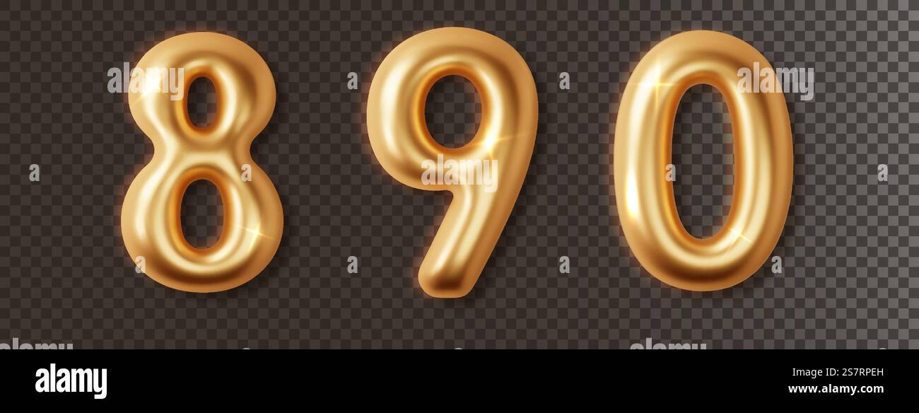 Golden chrome numbers set 3d realistic. Metal golden glossy font number ...