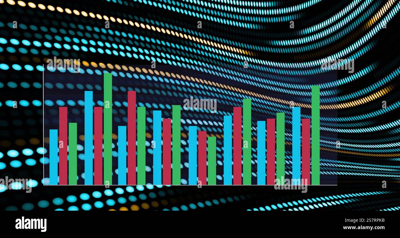Bar chart image over colorful dots forming wavy patterns Stock Photo ...