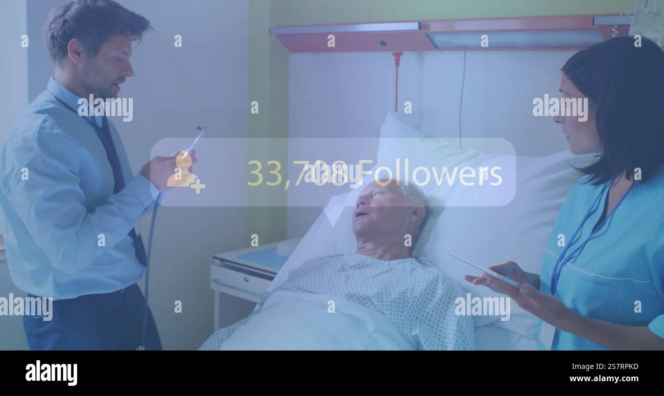 Doctor examining patient in hospital bed, 308,063 Followers text over image. Healthcare, medical ...