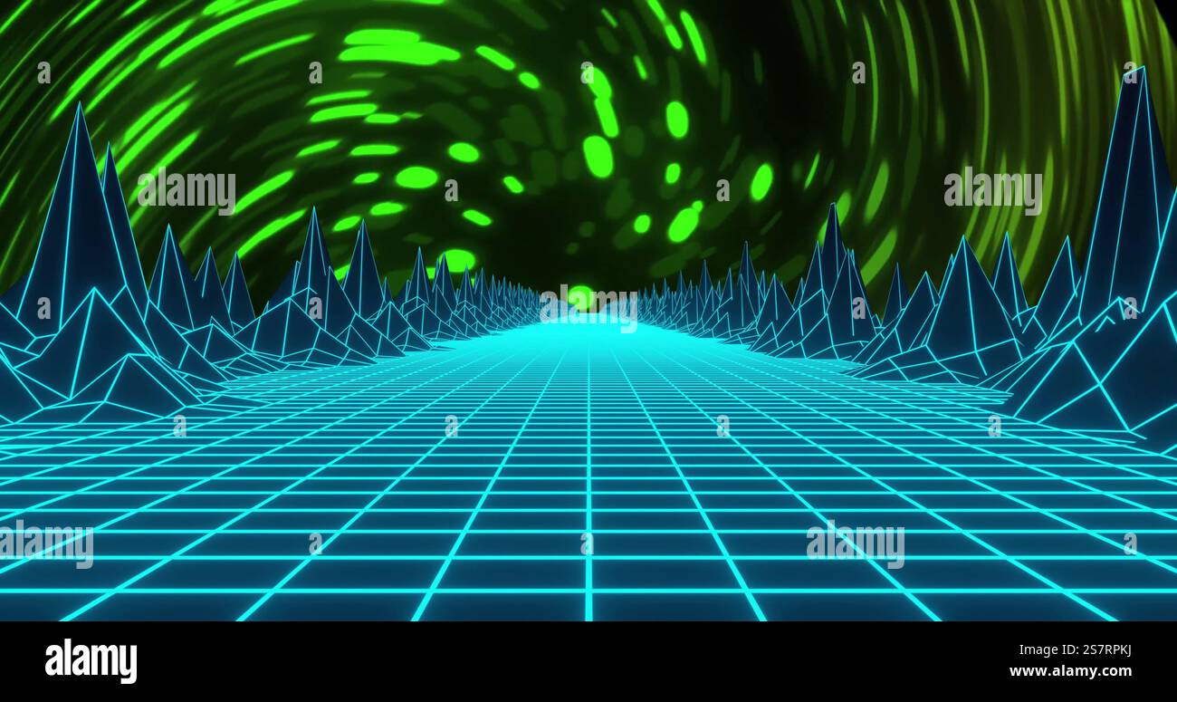 Neon grid landscape with green swirling image in background Stock Photo ...