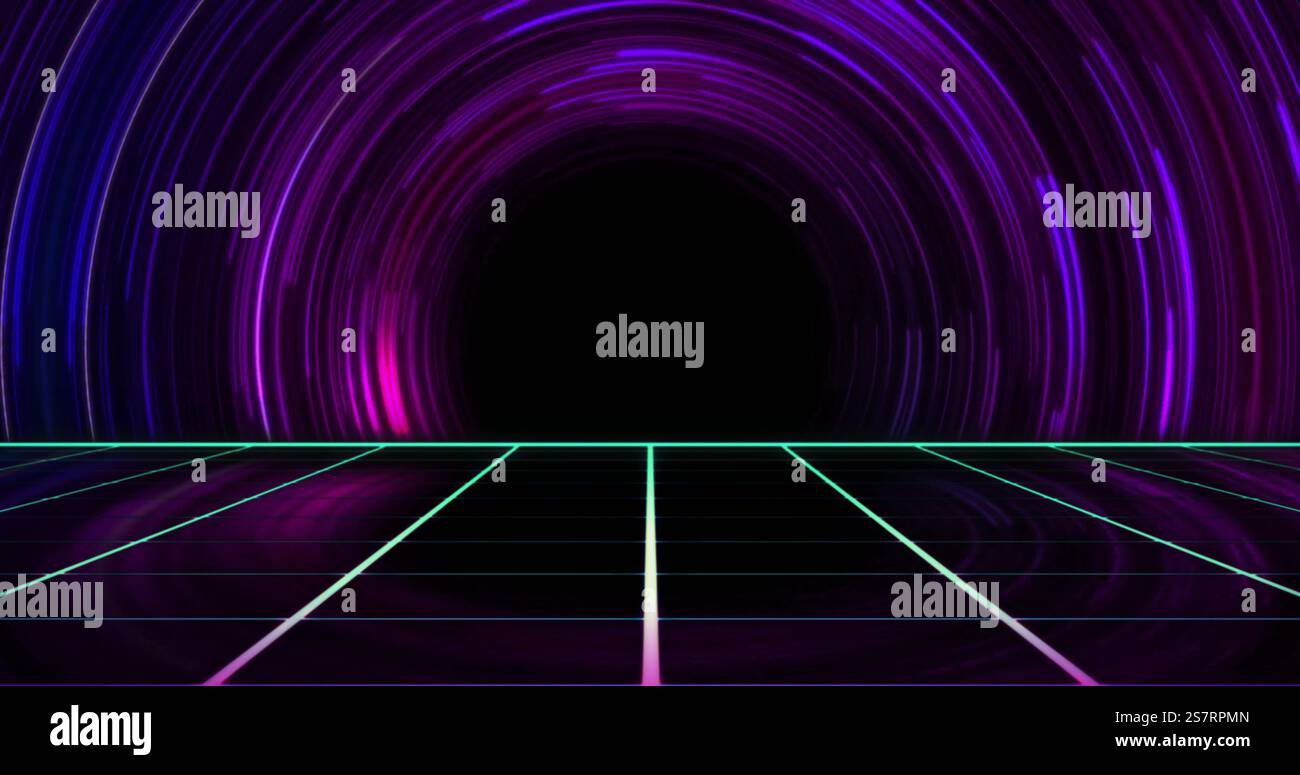 Neon grid floor and glowing purple tunnel, retro-futuristic image ...
