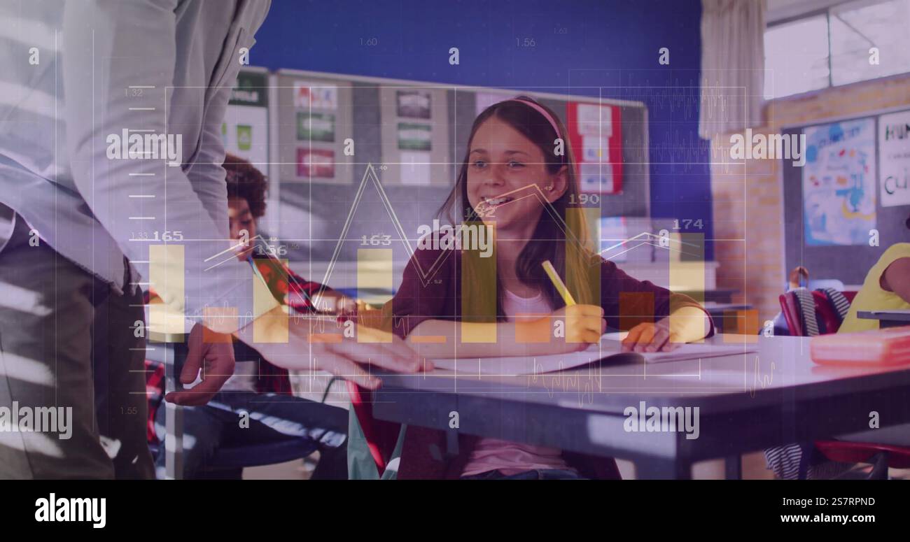 Financial data processing image over students studying in classroom ...