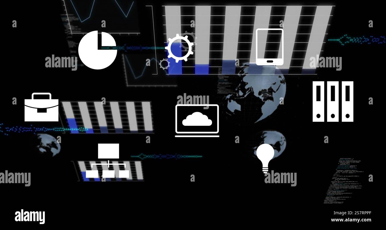 Charts, graphs, and technology icons image over dark background with ...