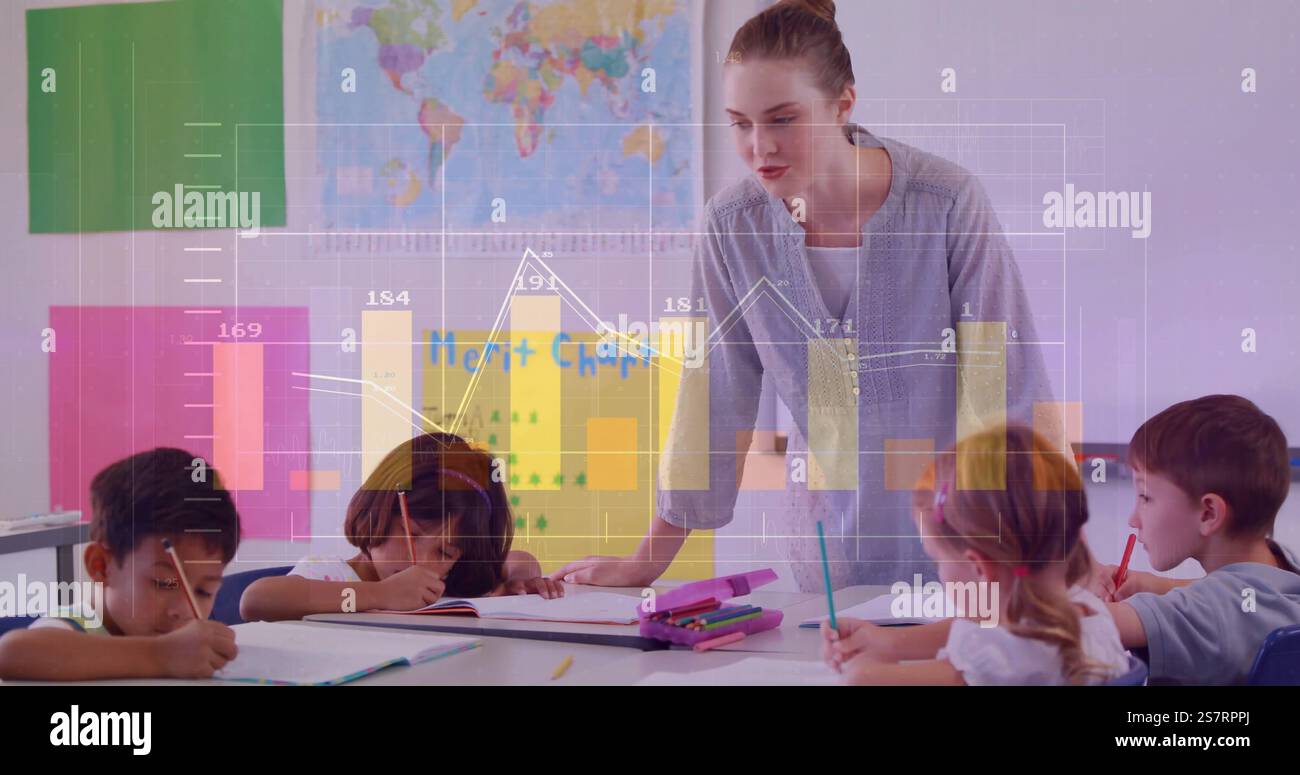 Teacher assisting children with schoolwork, data analysis image over ...