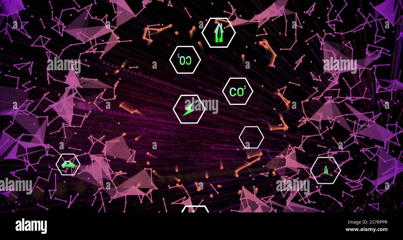 Hexagonal icons with eco-friendly symbols over abstract digital network ...