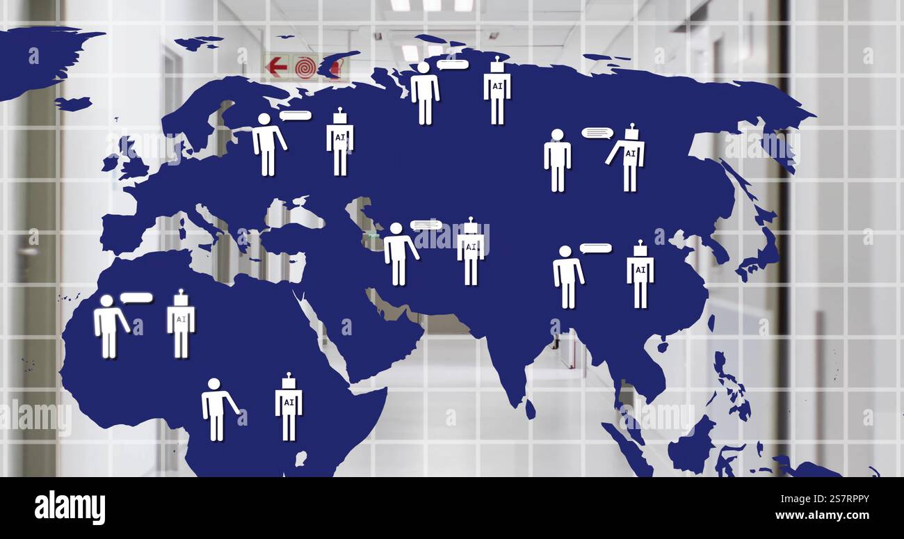 World map with human icons image over office hallway background Stock ...