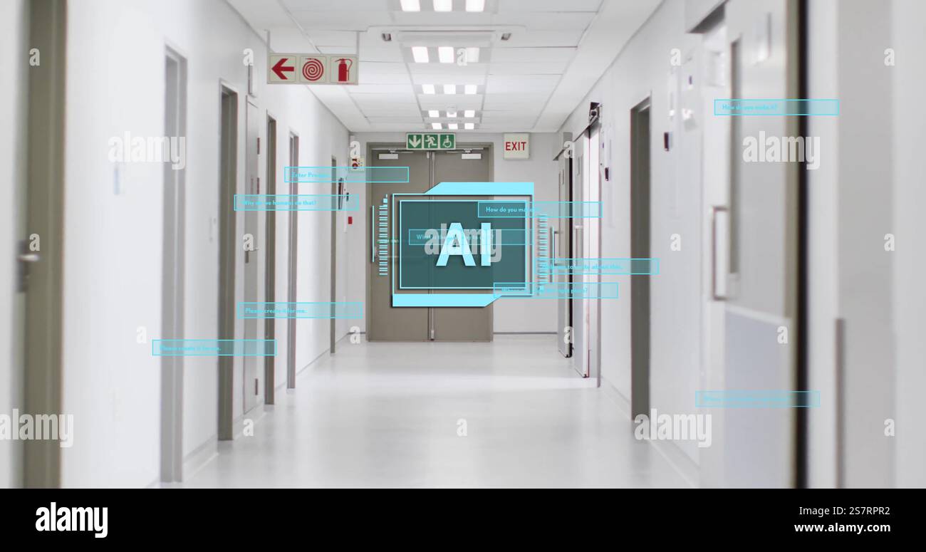 AI technology image over hospital corridor with doors and emergency ...