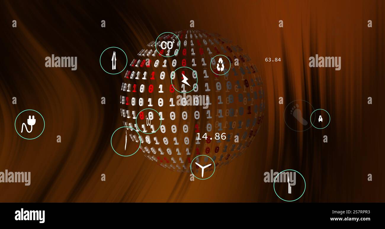 Binary code sphere with various icons and numbers, data processing image. Technology, digital ...