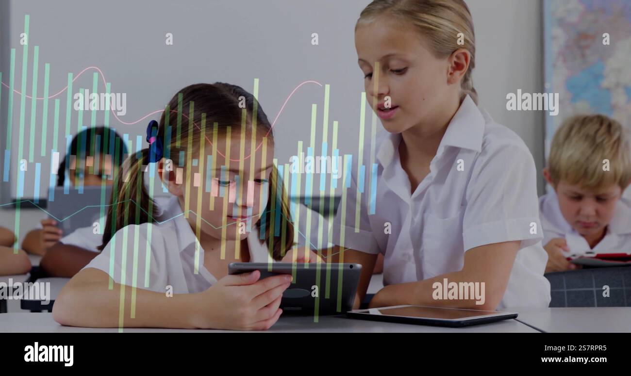 Financial data analysis image over school children using tablets in classroom Stock Photo - Alamy