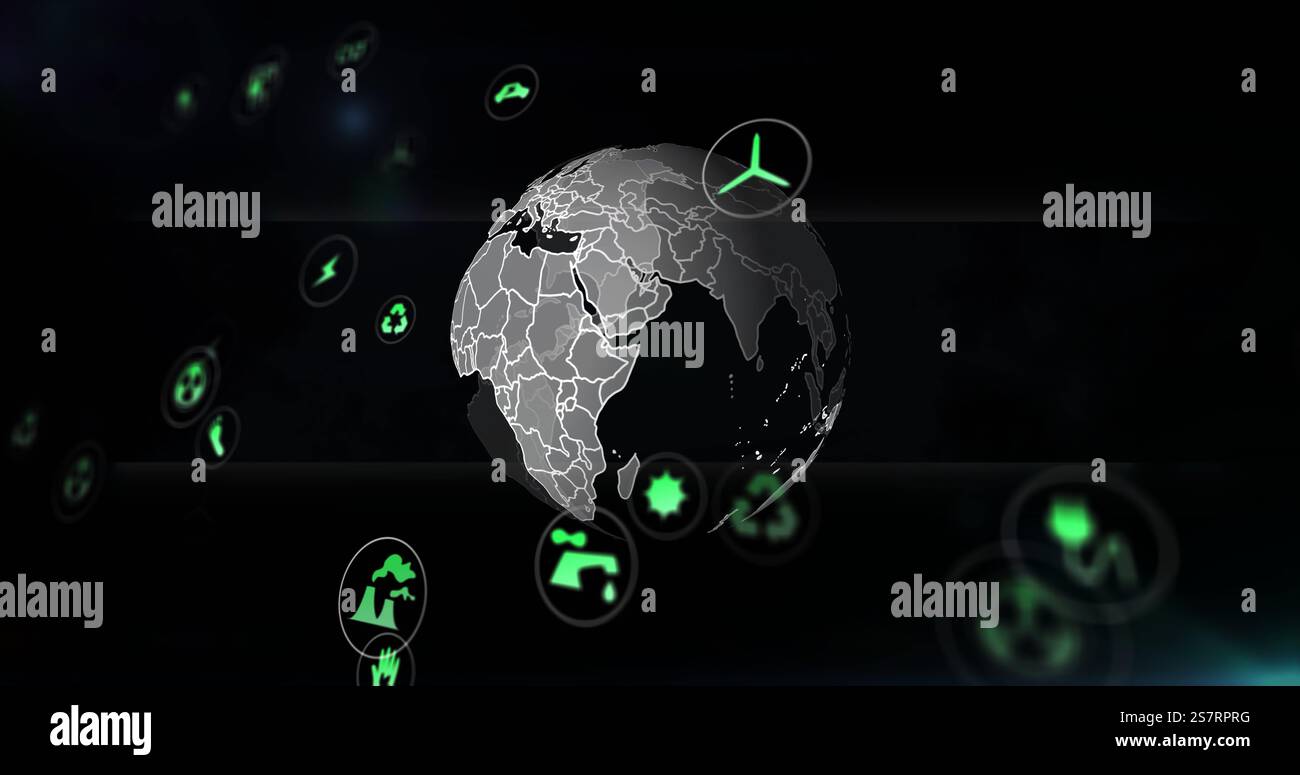 Rotating globe with green icons representing various sectors, global ...