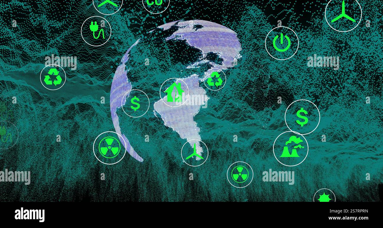 Sustainability icons and green energy symbols image over digital globe ...