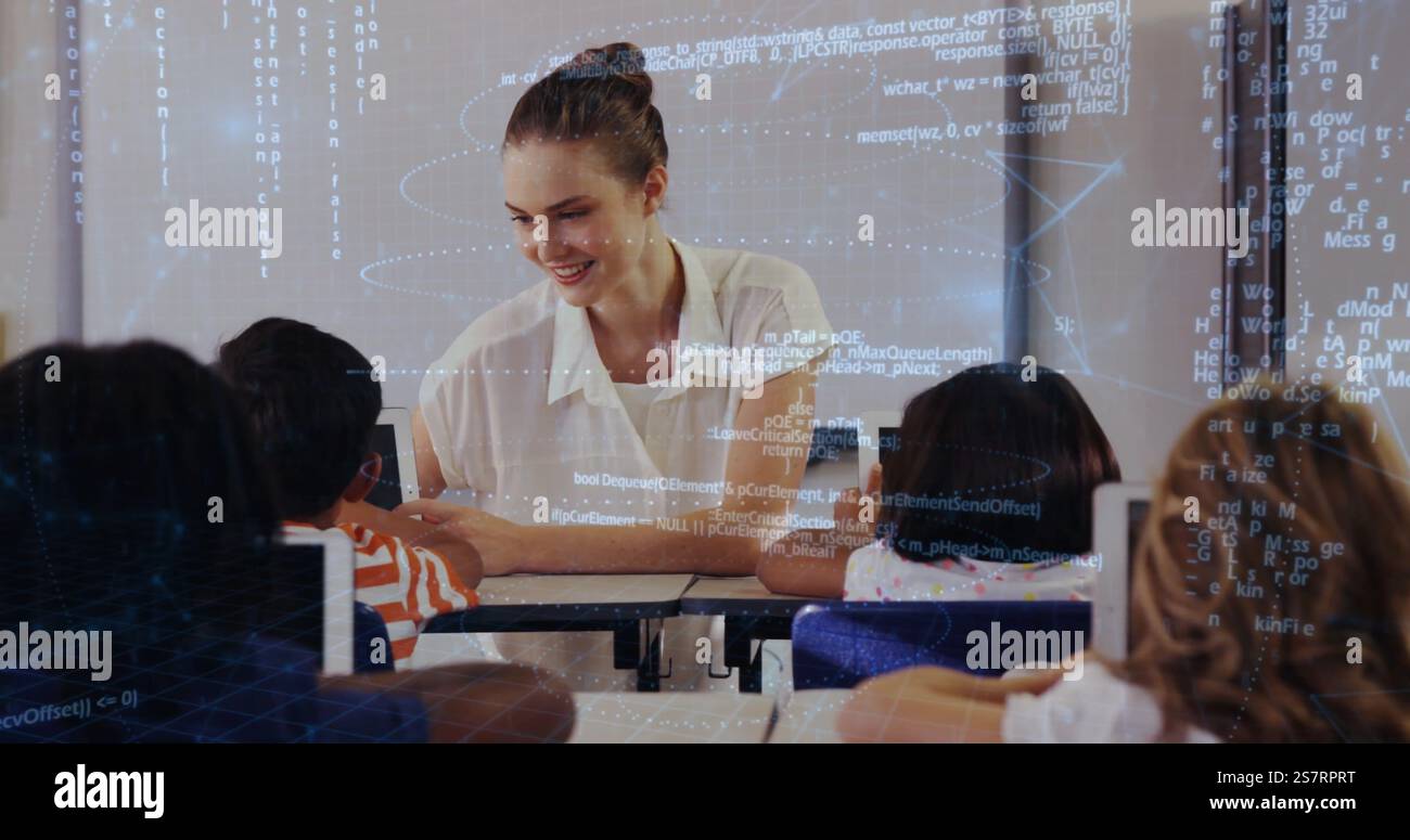 Teacher interacting with students, data processing image over classroom ...