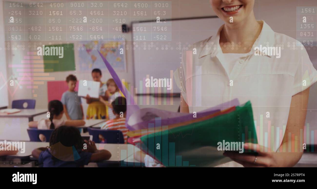 Financial data processing image over teacher and students in classroom ...