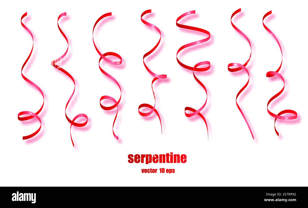 Red curly ribbon serpentine confetti. Red streamers set on transparent ...