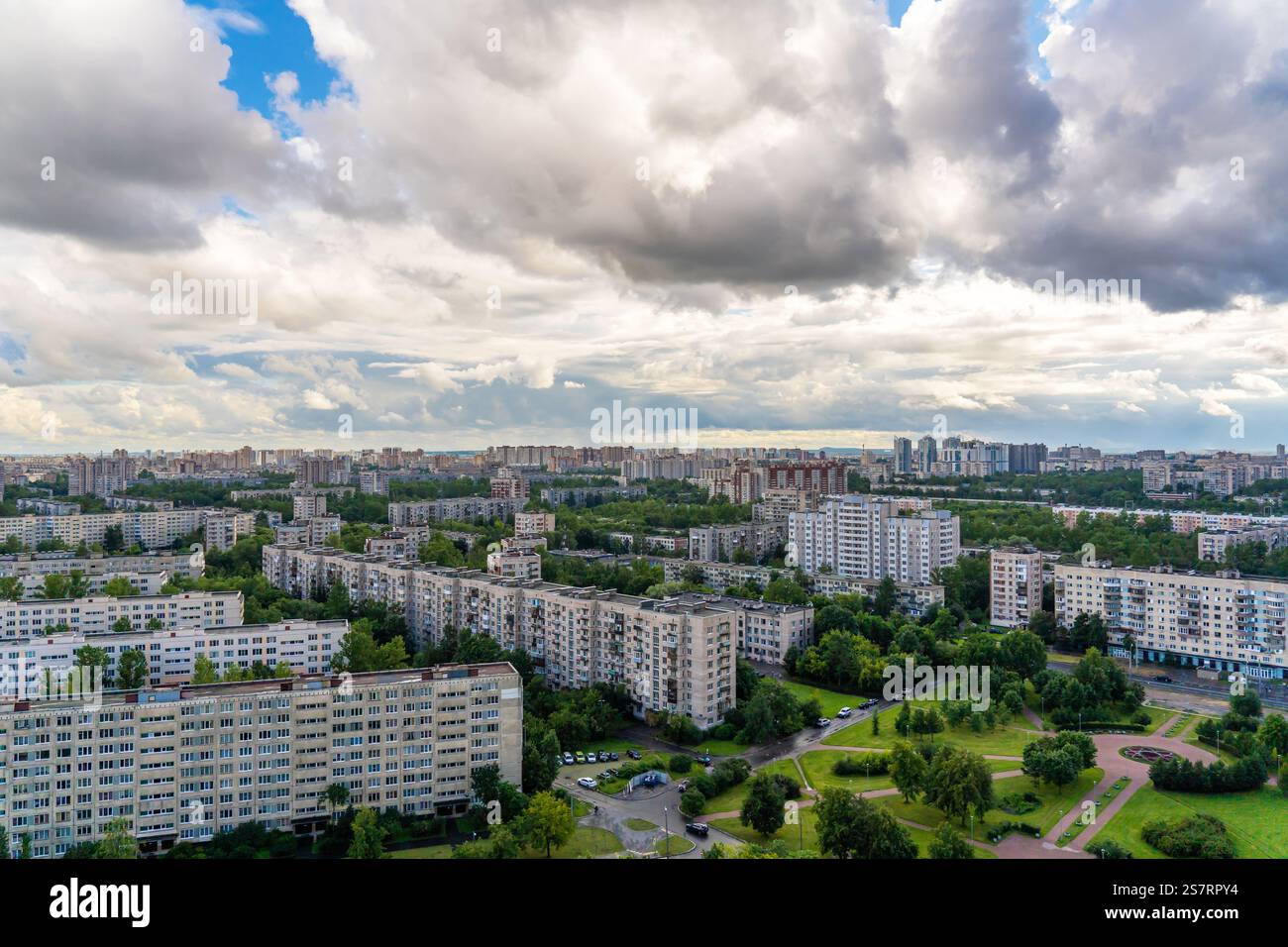 Aerial overhead residential neighborhood revealing urban landscape ...