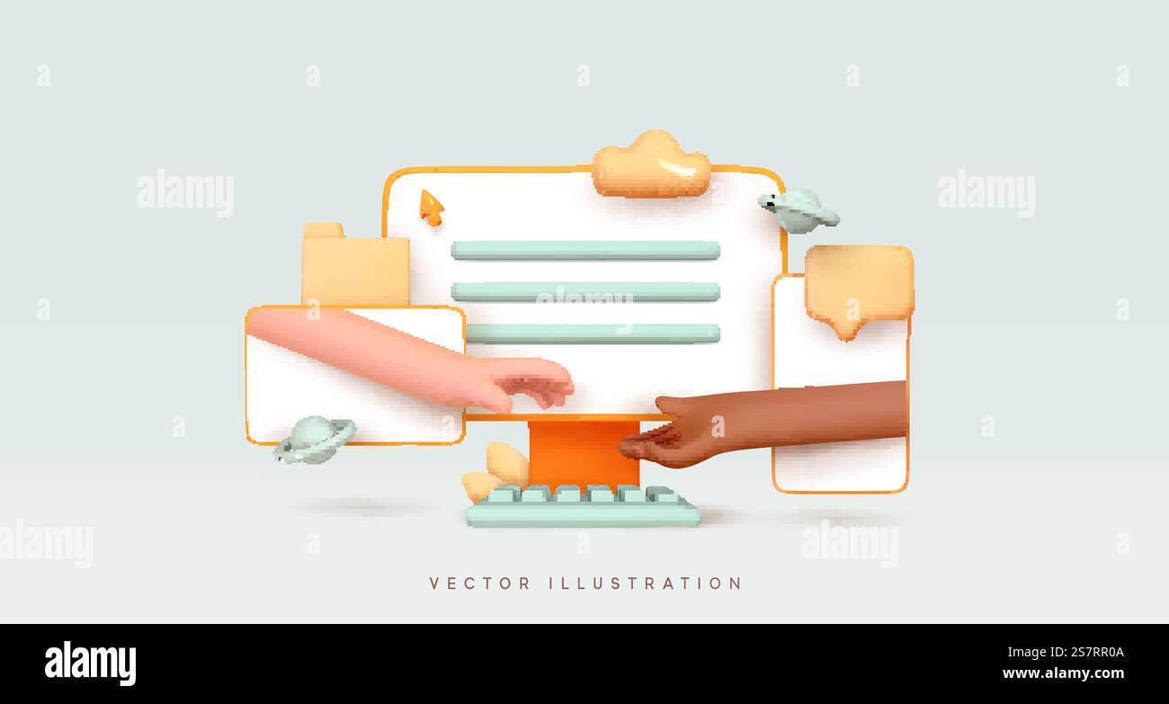 Communication through electronic gadgets. Desktop computer, mobile ...