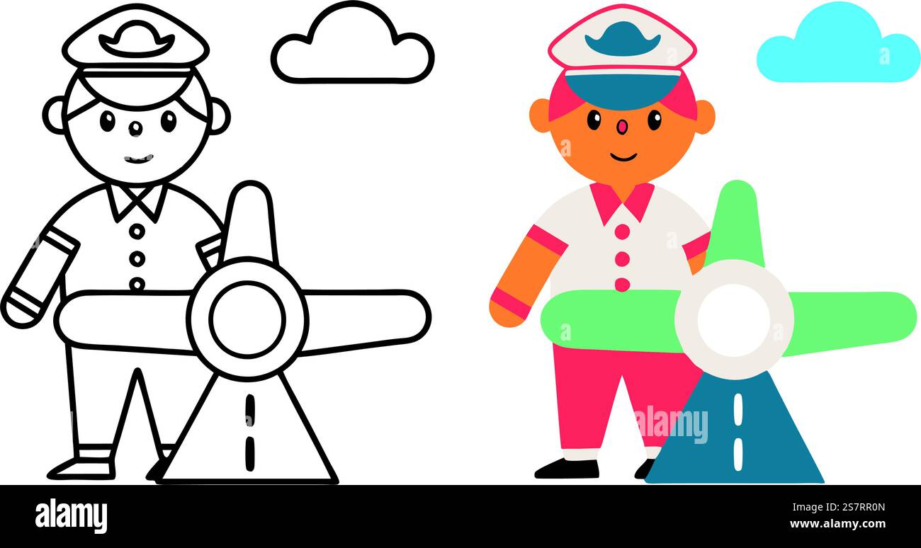 Cartoon airplane pilot boy with an airplane, colorful and outlined ...