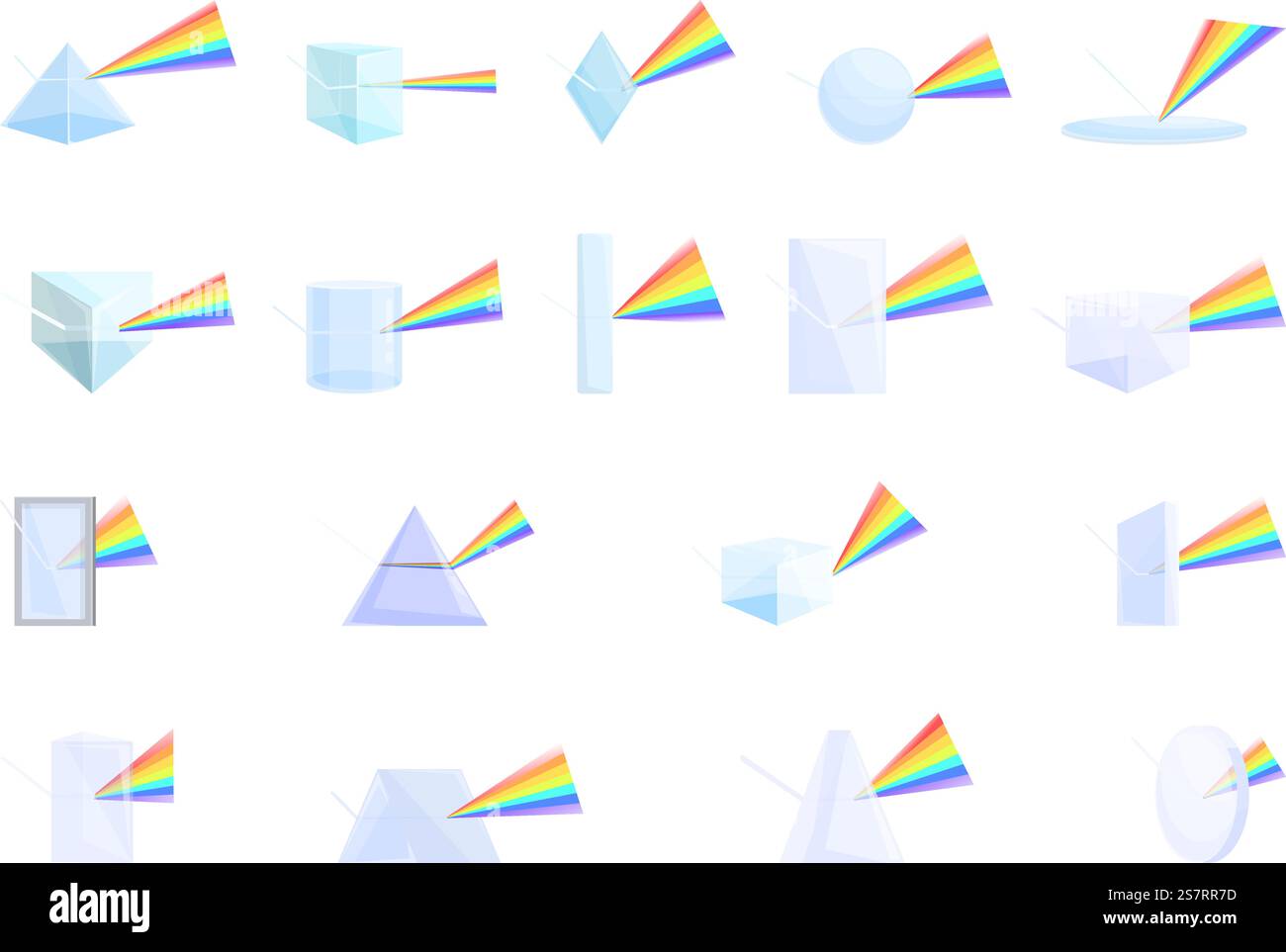 Prism light refraction effect icons set cartoon vector. Rainbow prism lens. Flare reflection ...