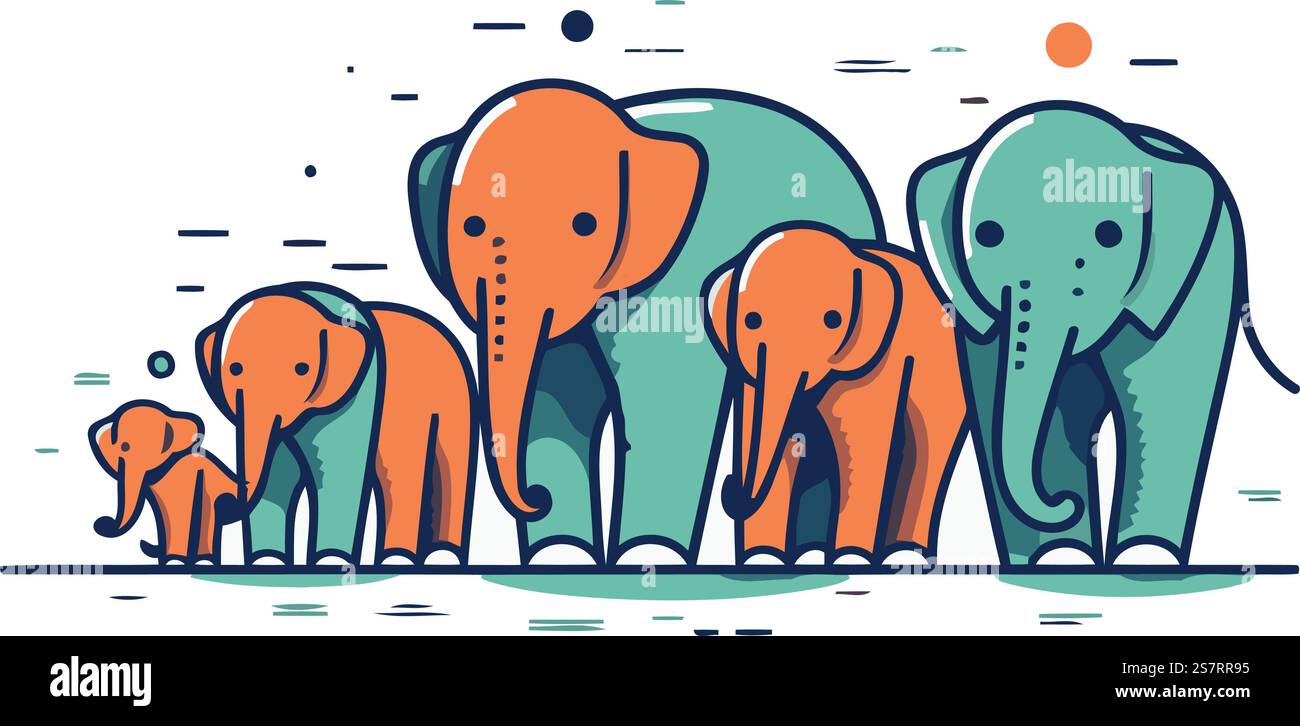 Vector illustration of group of elephants on white background. Line art ...