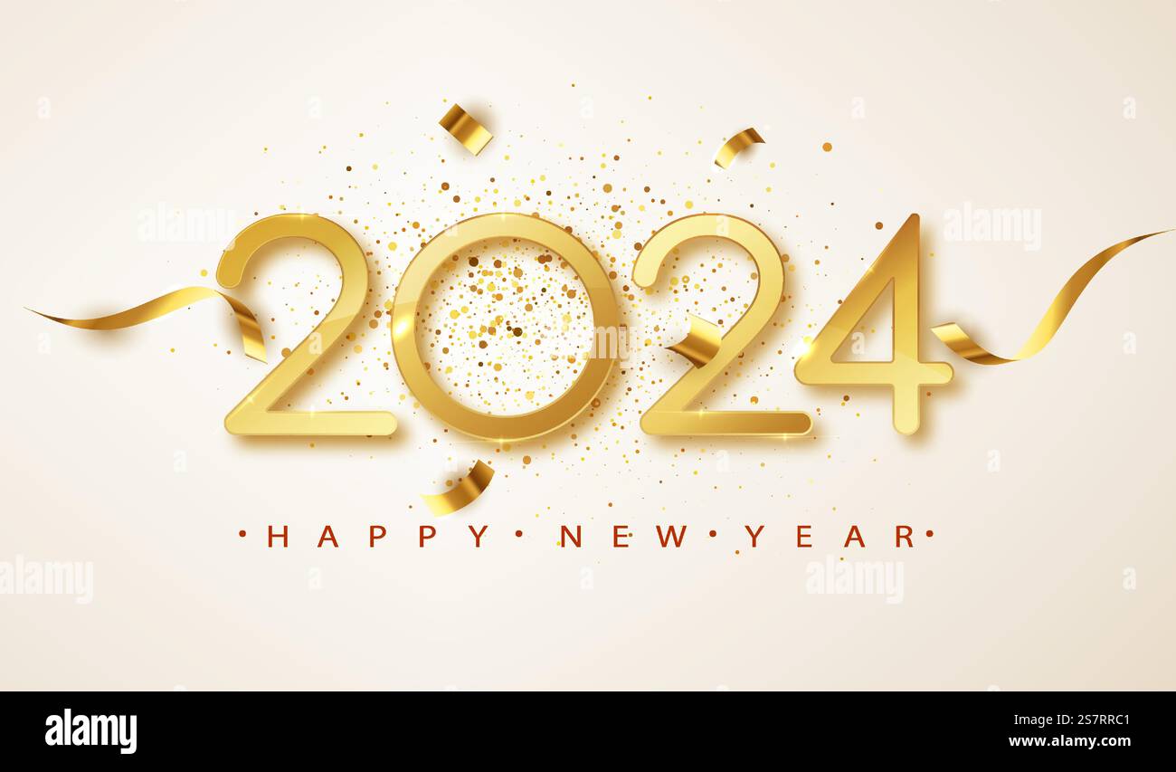 Happy New Year 2024. Golden numbers with ribbons and confetti on a ...