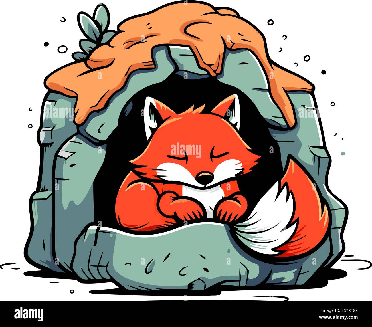 Cute cartoon fox sleeping in the cave. Vector illustration isolated on ...