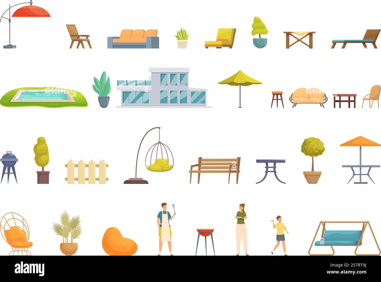 House with patio icons set cartoon vector. Wooden terrace house. Nature ...
