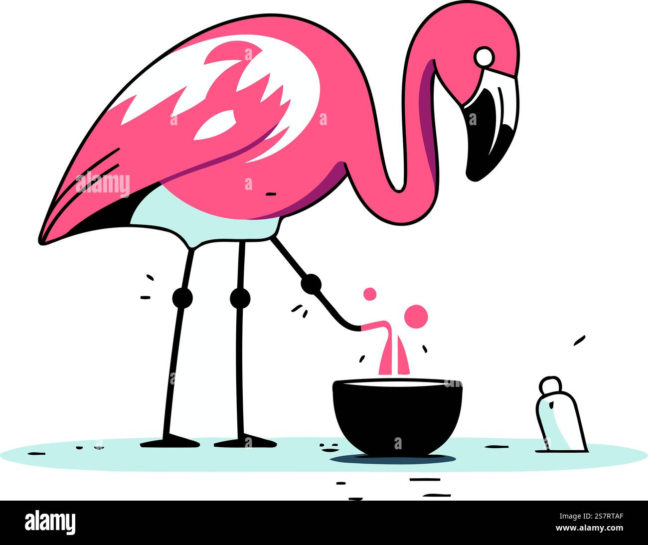 Flamingo drinking water from a bowl. Vector illustration in cartoon ...