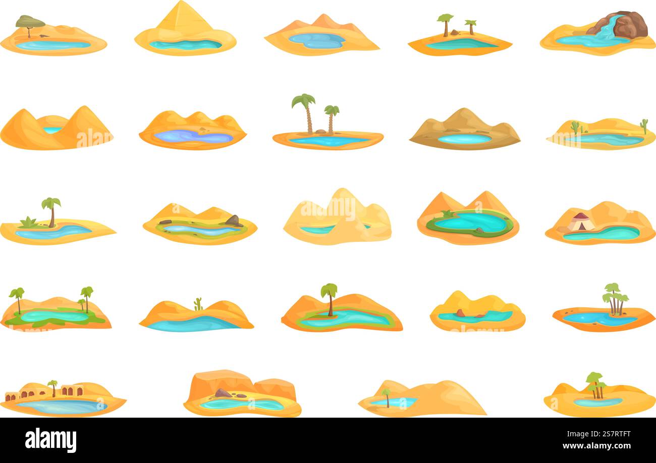 Lake in desert icons set cartoon vector. Palm tree oasis. Water desert land. Lake in desert ...