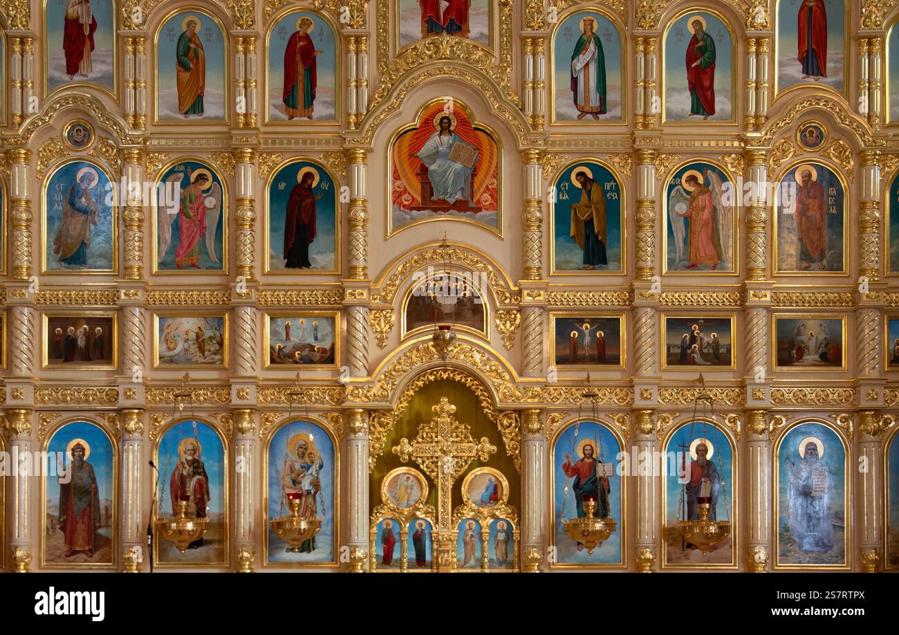 Nicosia, Cyprus, December 26 2024: Iconostasis with golden decorations ...
