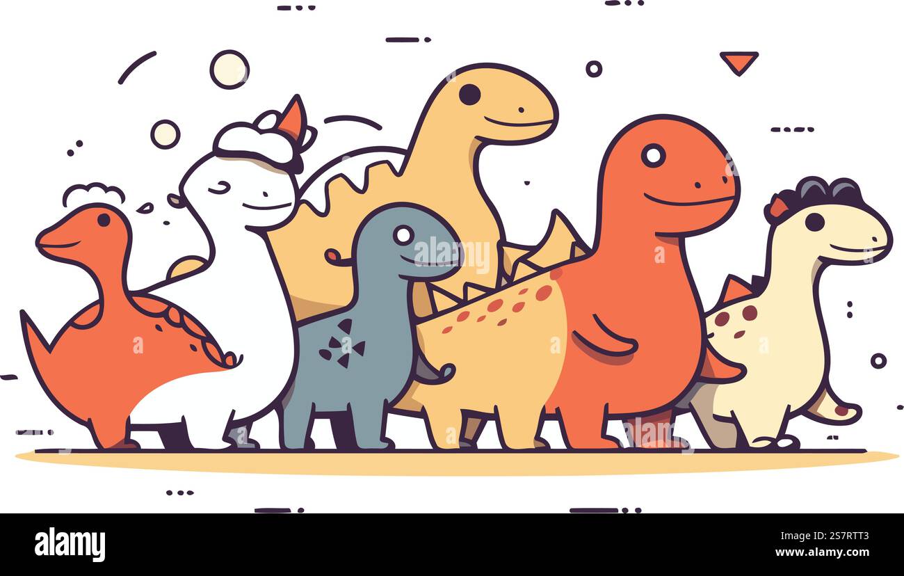 Cute Dinosaurs. Vector illustration in thin line style on white ...