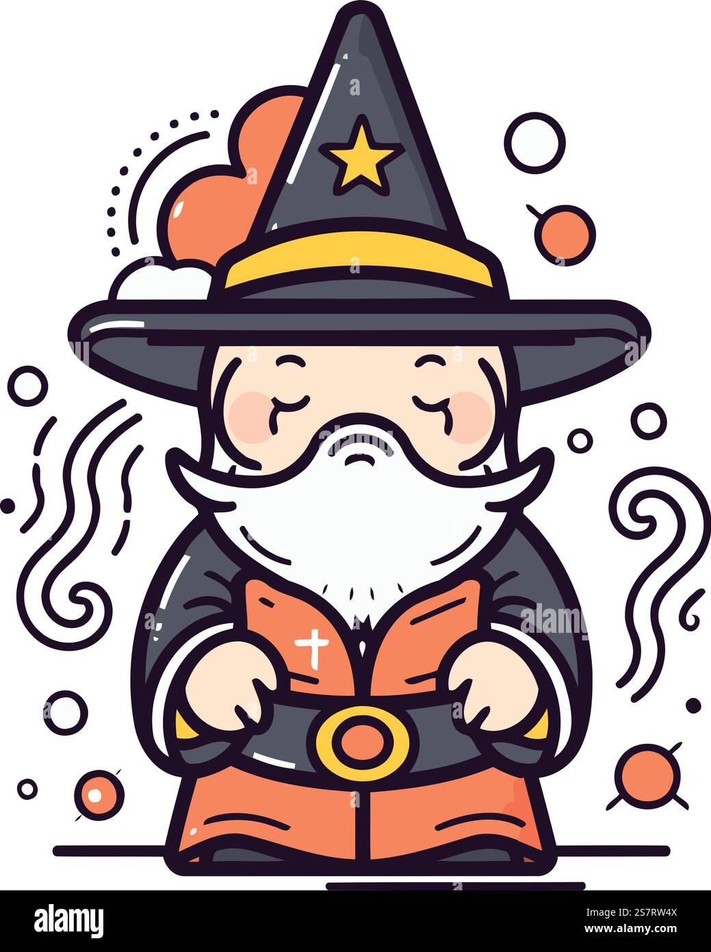 Wizard with magic wand. Vector illustration in line art style Stock ...