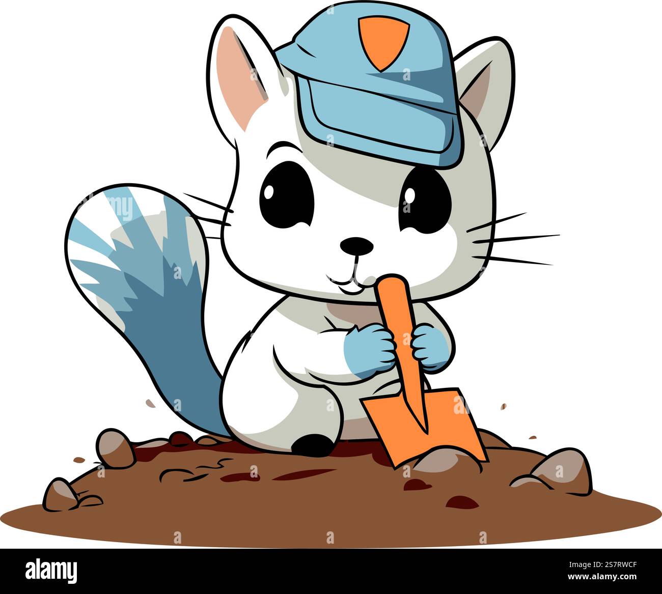 Cute cartoon squirrel digging in the ground with shovel. Vector ...