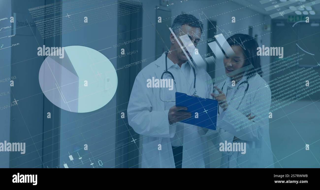 Image of data processing and diagrams over diverse doctors talking in ...