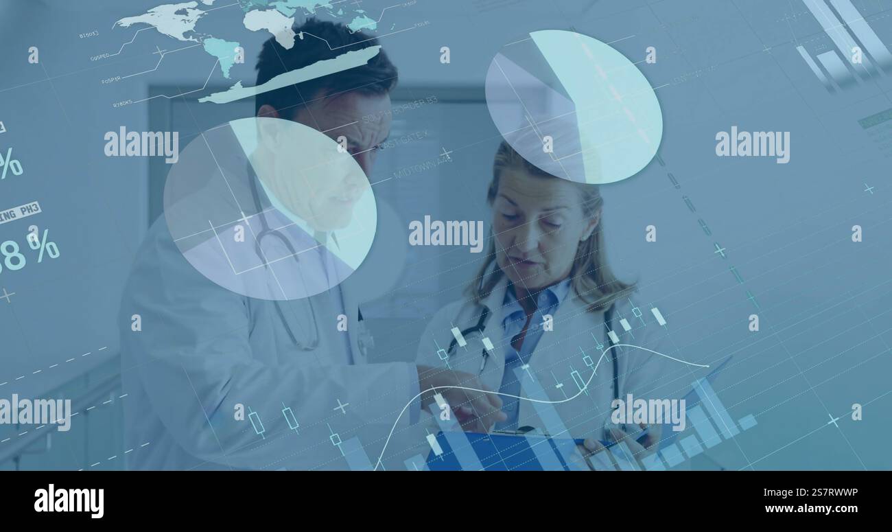 Image of data processing and diagrams over caucasian doctors talking in ...