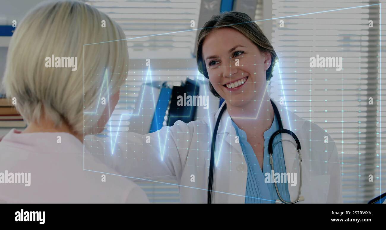 Image of cardiograph over caucasian female doctor examining her patient ...