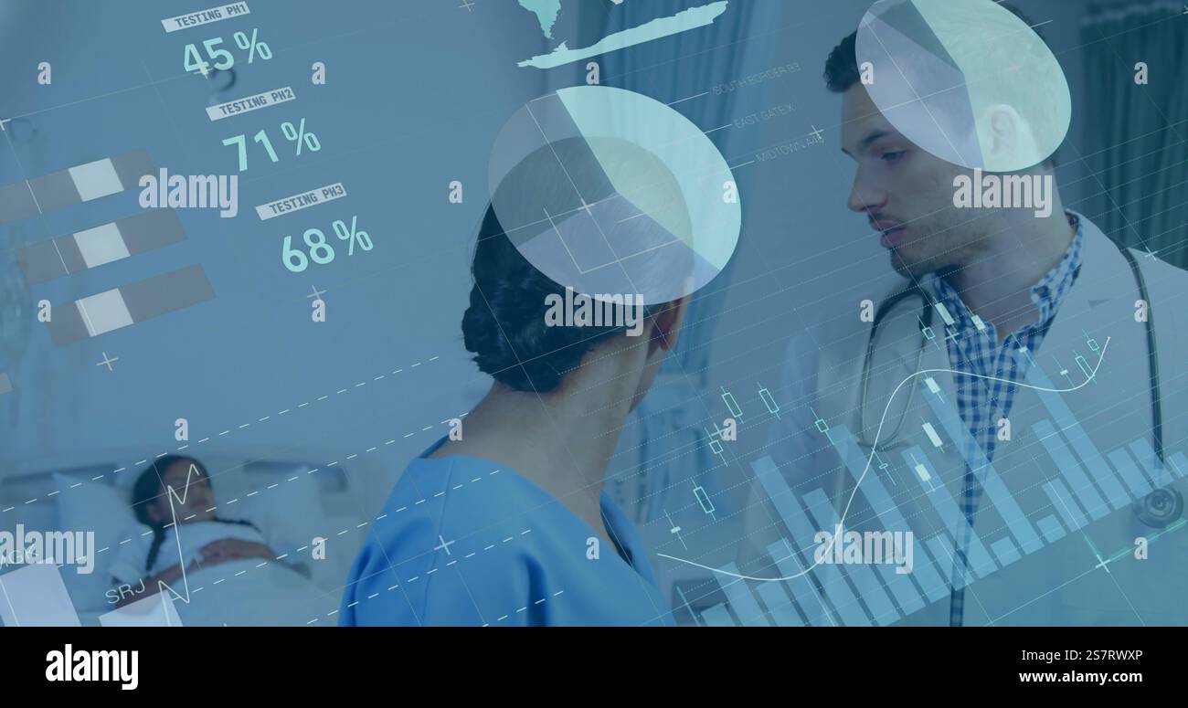 Image of data processing and diagrams over diverse doctors with patient ...