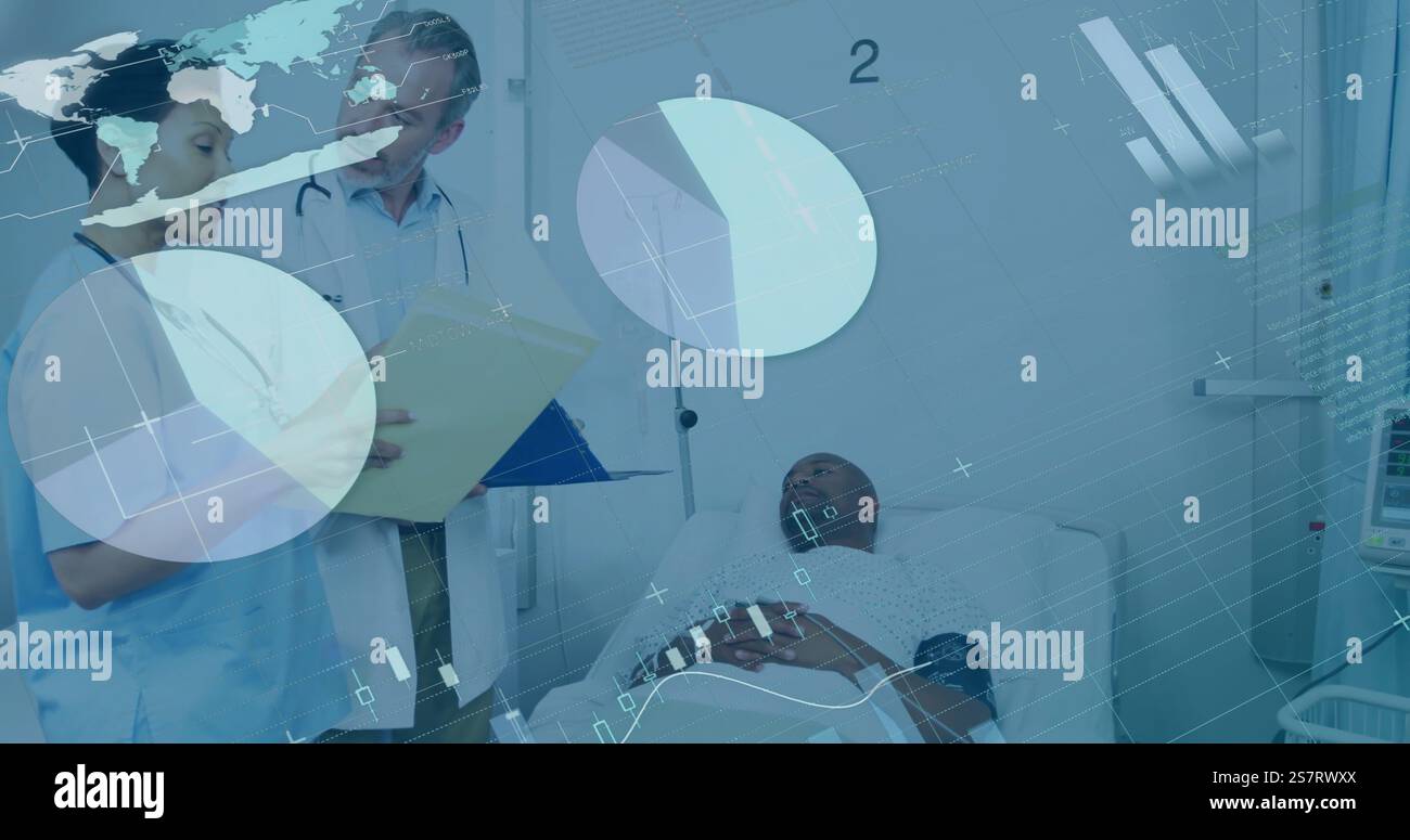 Image of data processing and diagrams over diverse doctors with patient ...