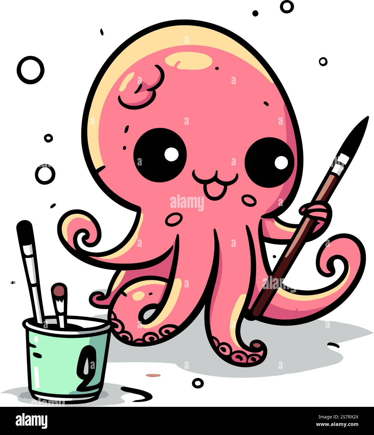 Illustration of cute cartoon octopus character with paint bucket and ...