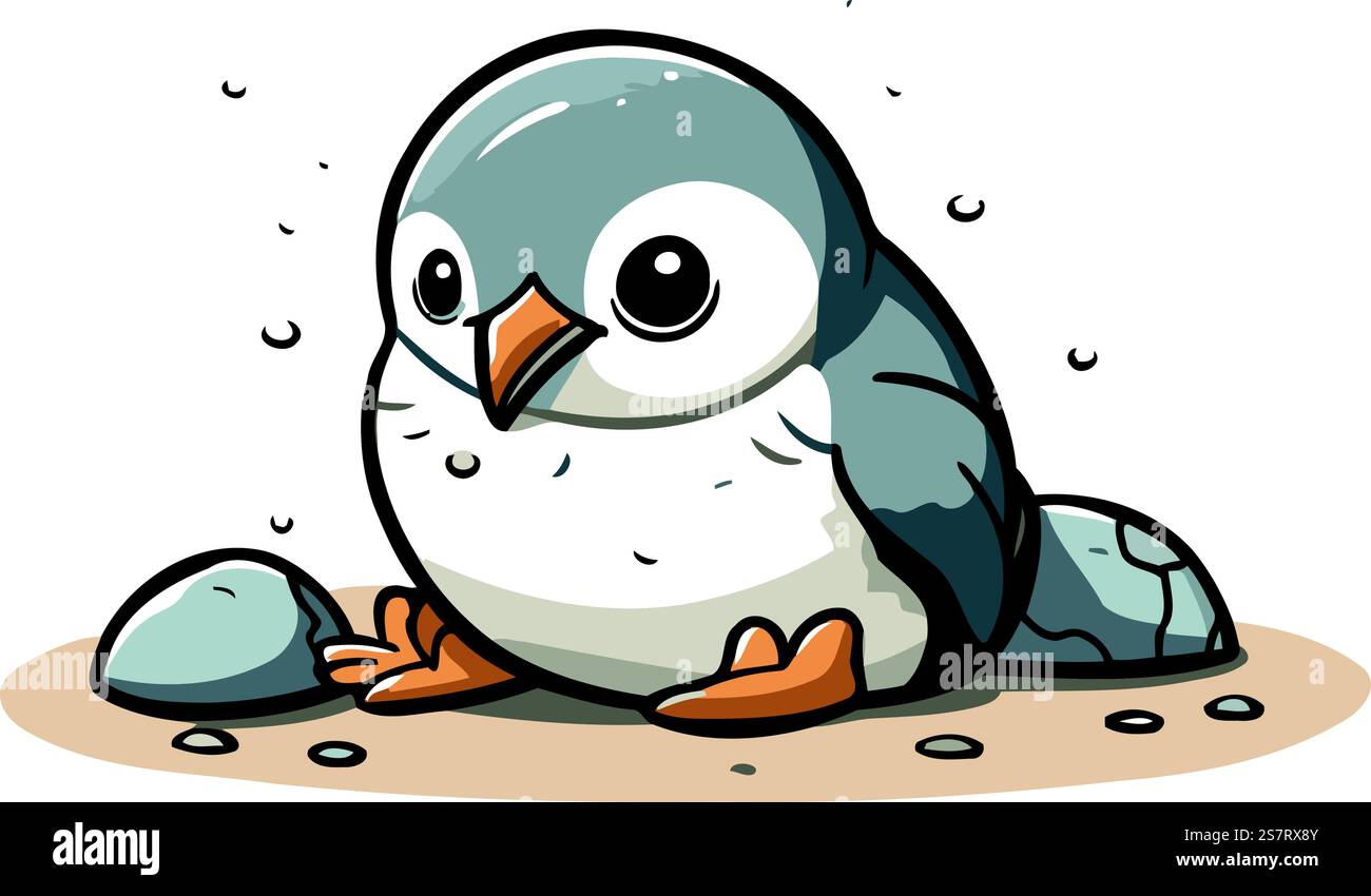 Illustration of a cute penguin sitting on the ground. Vector ...