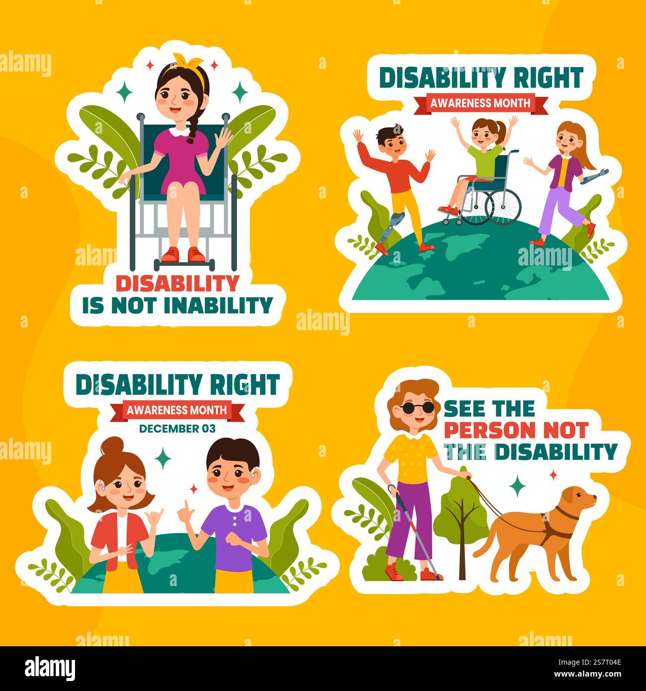 Disability Rights Awareness Month Label Flat Cartoon Templates ...