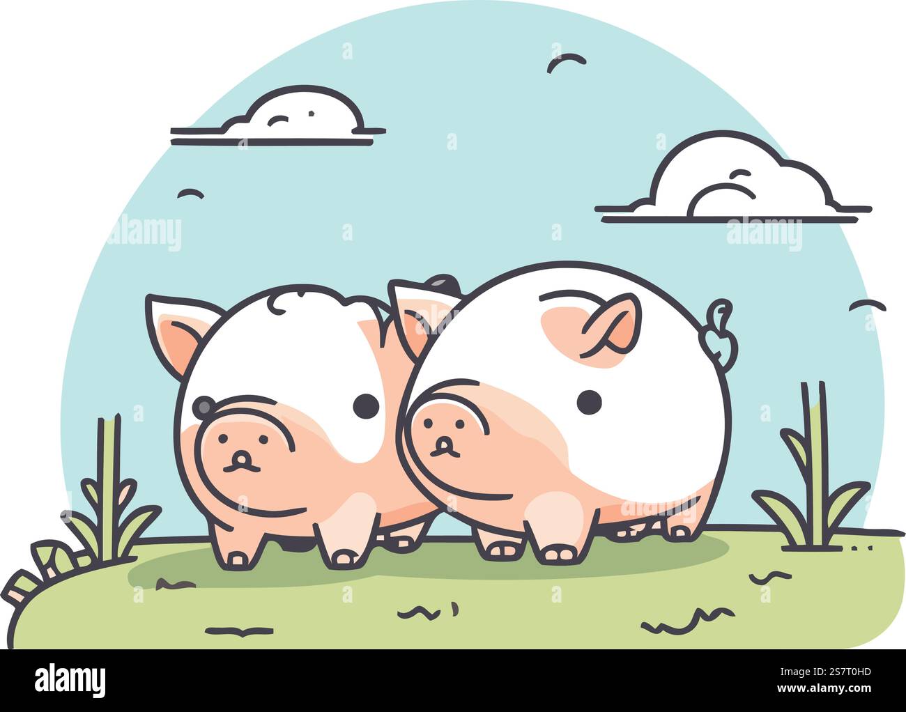 Vector illustration of two pigs in the meadow. Cute cartoon style Stock ...