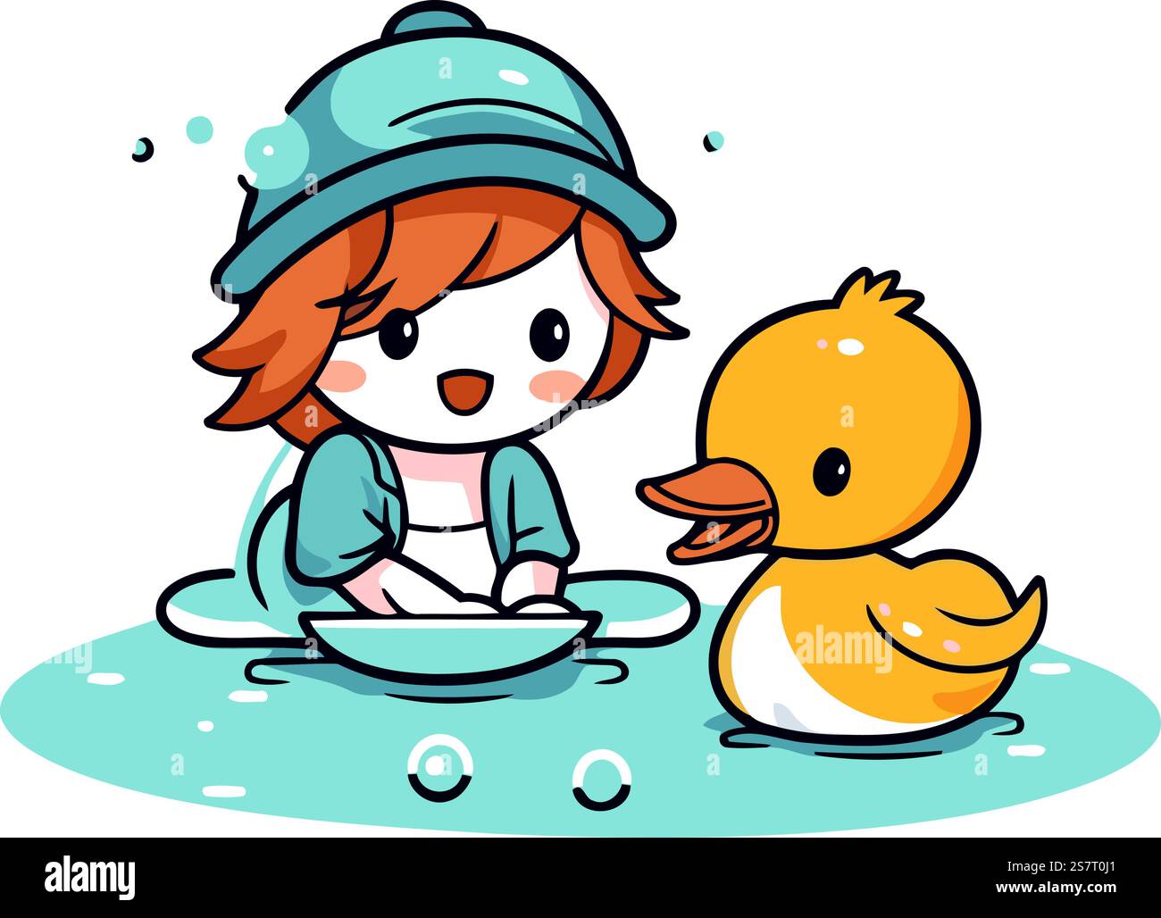 Cute little girl washing her duck in the water. Vector illustration ...