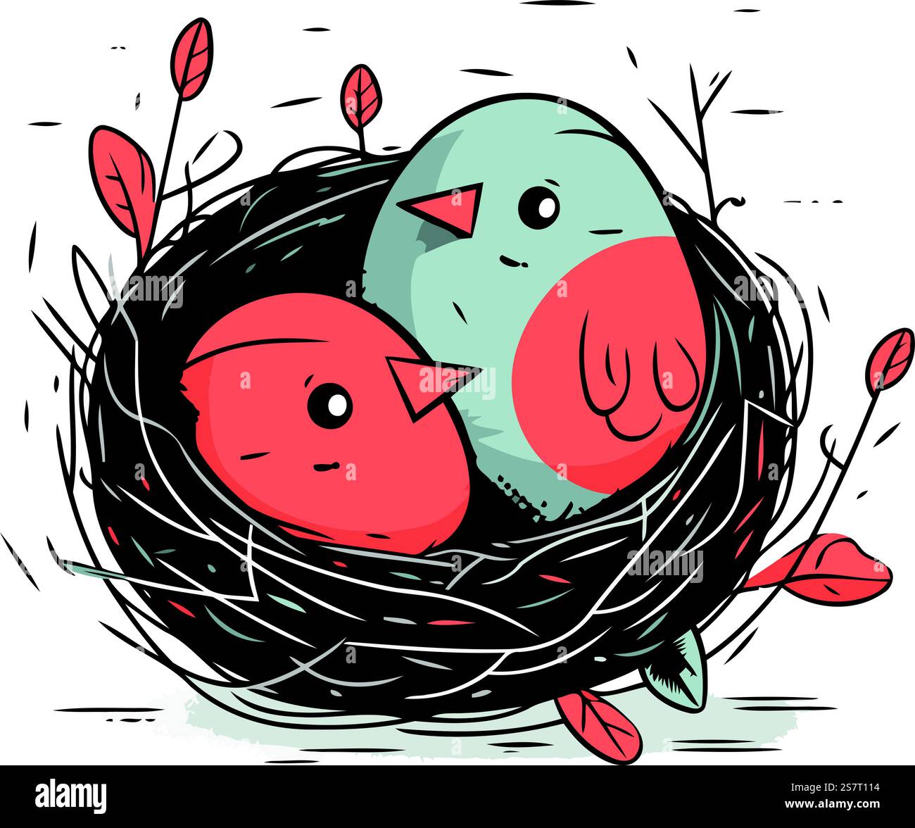 Cute birds in the nest. Hand drawn vector illustration in cartoon style ...